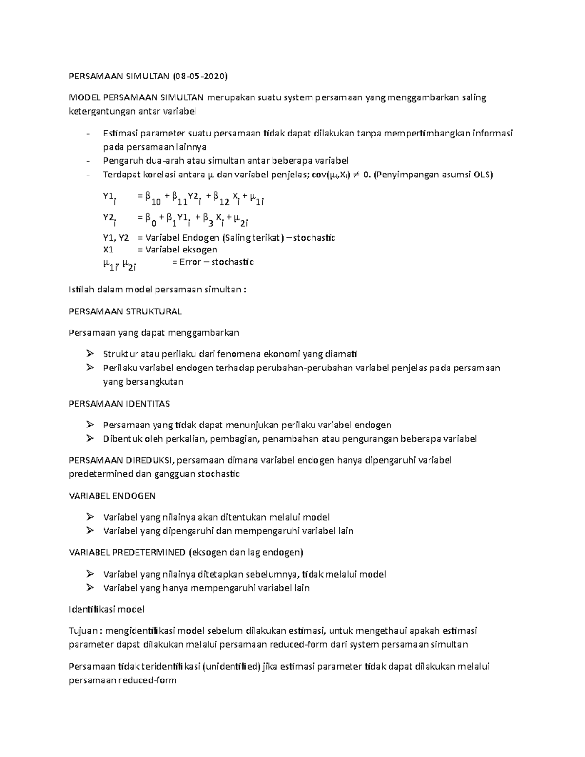 Ekonometrika - persamaan simultan - PERSAMAAN SIMULTAN (08-05-2020 ...