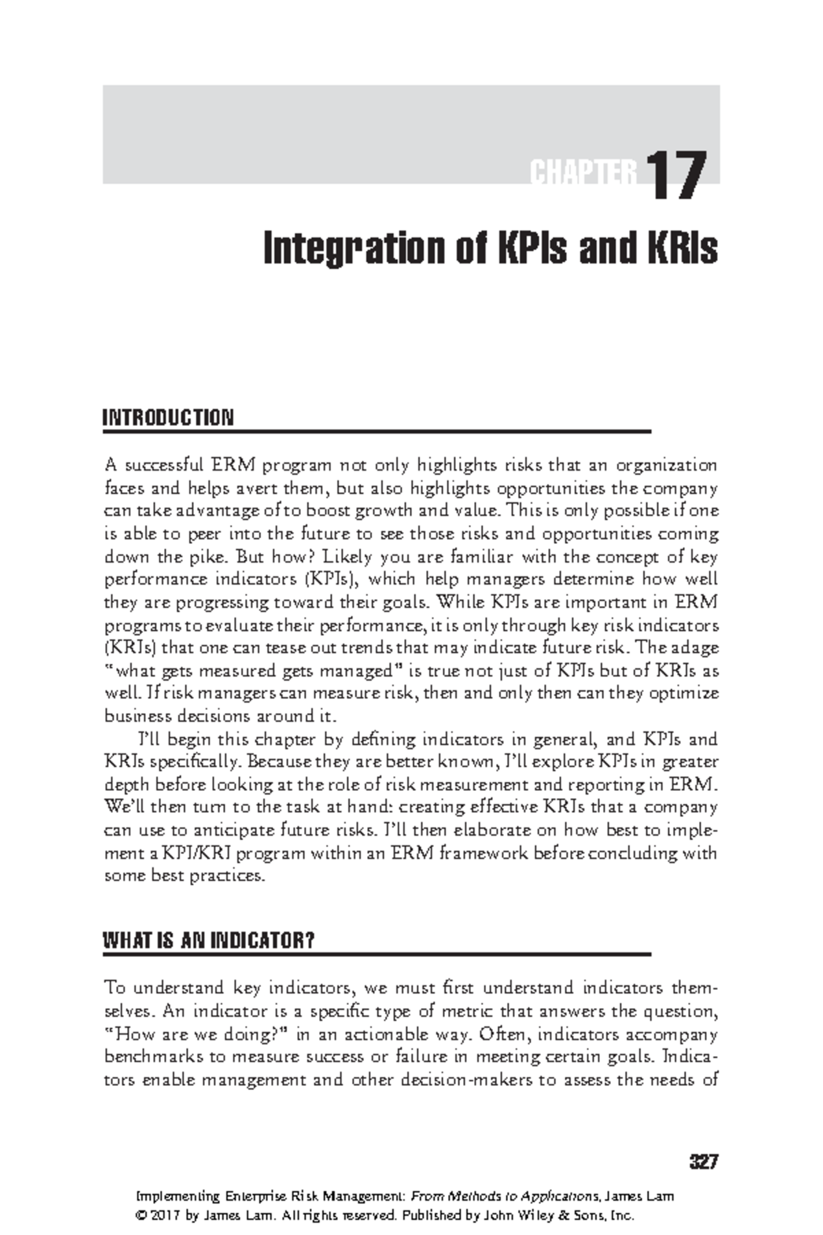 Chapter 17 lamm - Book - CHAPTER 17 Integration of KPIs and KRIs INTRODUCTION A successful ERM ...
