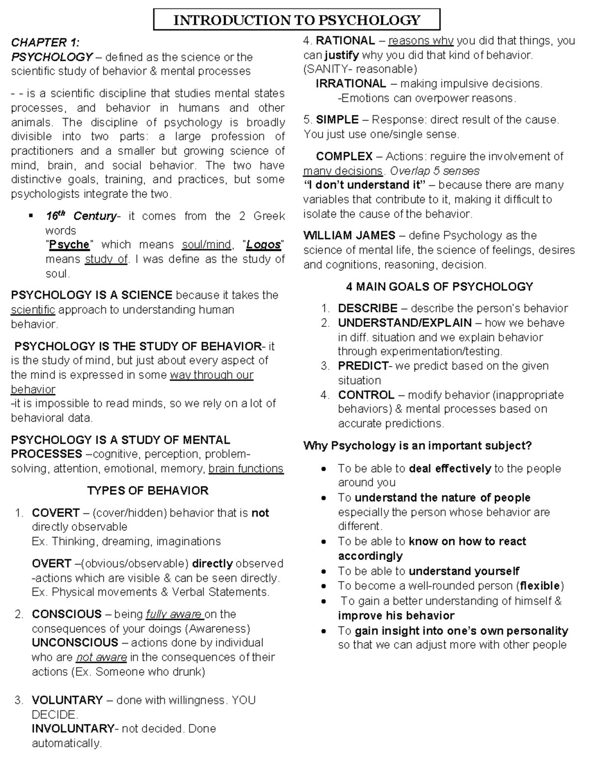 Intropsy Notes - about introduction of psychology - CHAPTER 1 ...