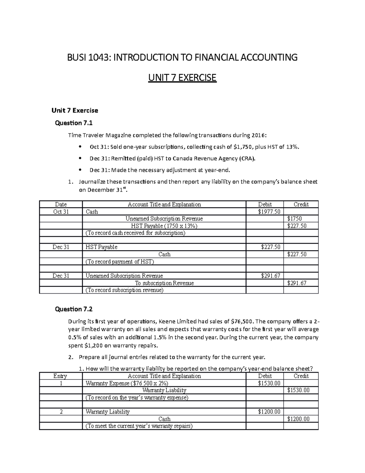 BUSI 1043 Unit 7 exercise - BUSI 1043: INTRODUCTION TO FINANCIAL ...