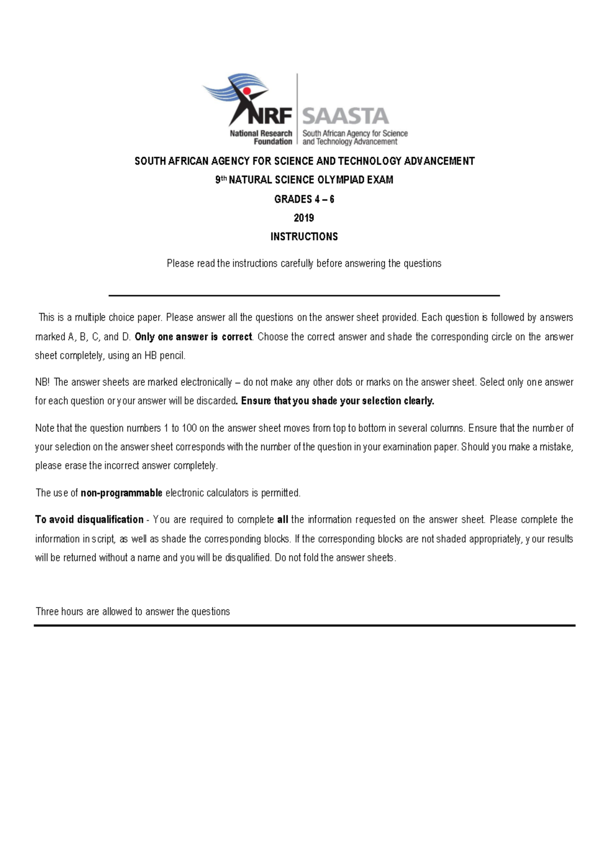 Saasta Olympiad 4 to 6 Nat Sci Questions in English Final - SOUTH AFRICAN AGENCY FOR SCIENCE AND ...