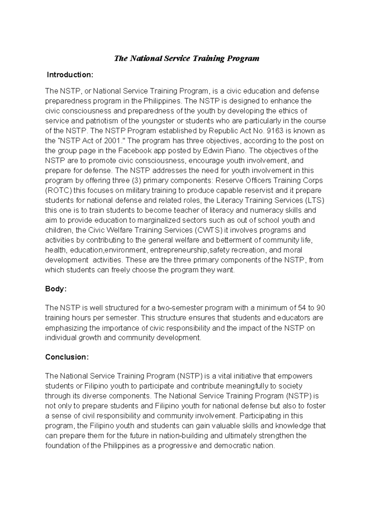 The National Service Training Program - The NSTP is designed to enhance ...