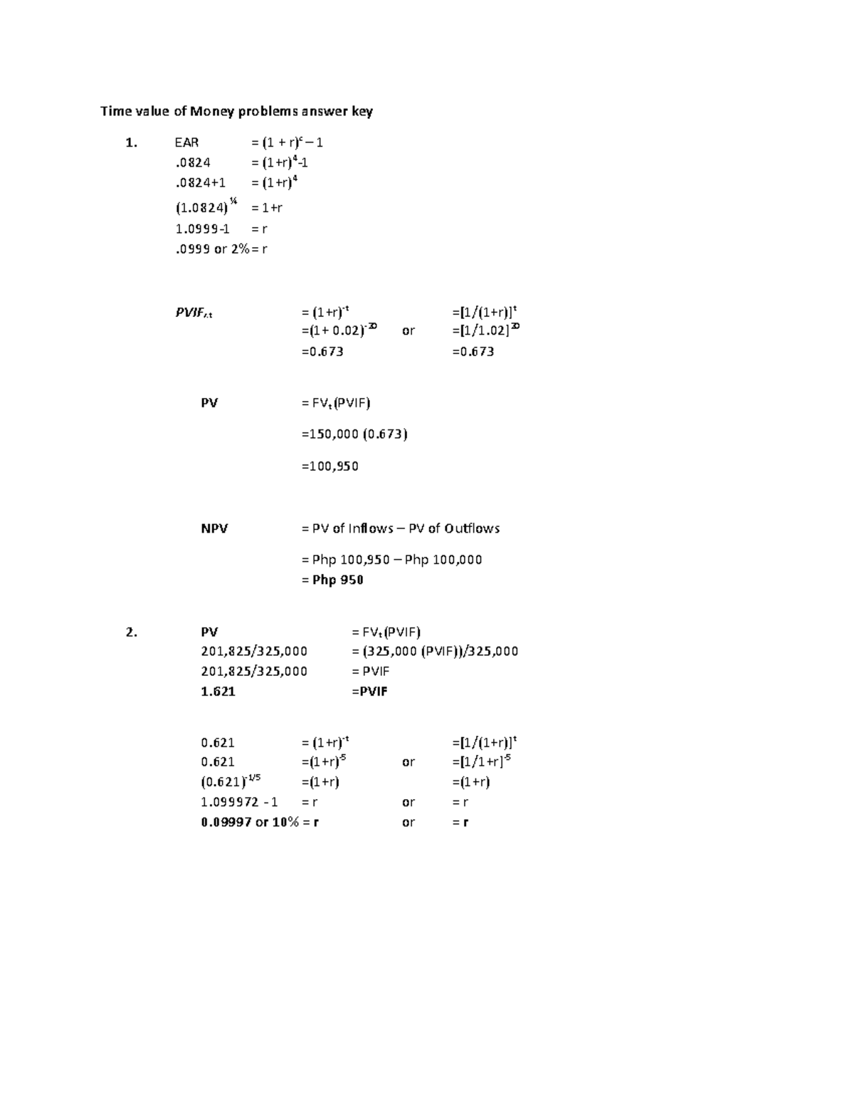 Time Value Of Money Problems Answer Key EAR 1 R c 1 0824 1