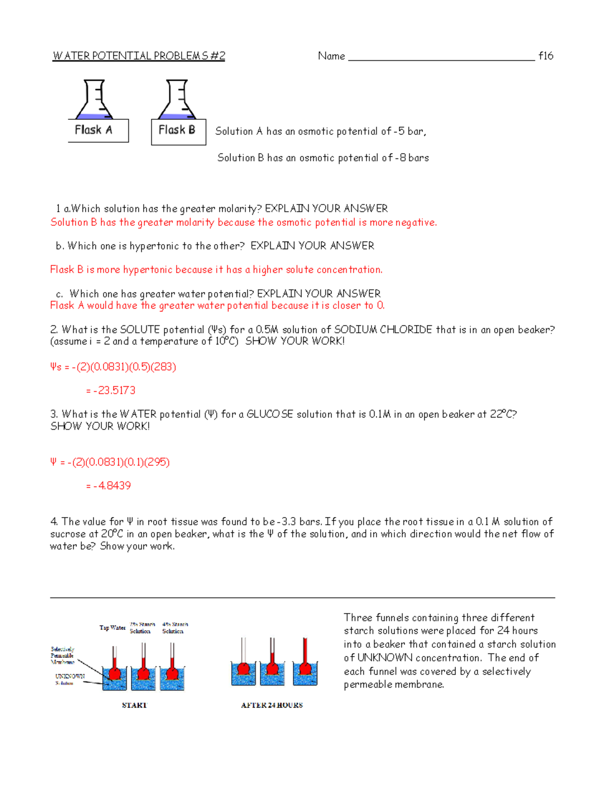 Water potential practice - WATER POTENTIAL PROBLEMS #2 Name