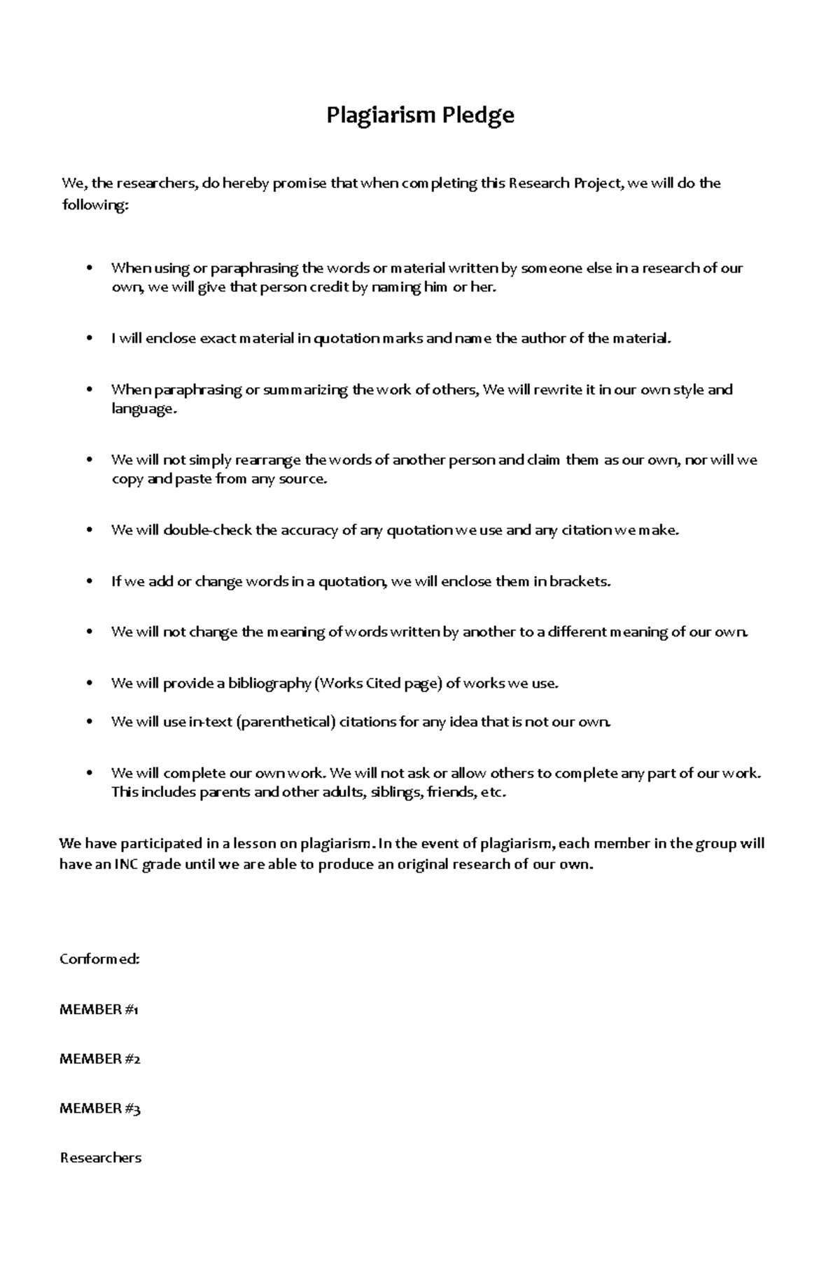 Plagiarism-Pledge - NAhsjsjsjsn - Plagiarism Pledge We, the researchers ...