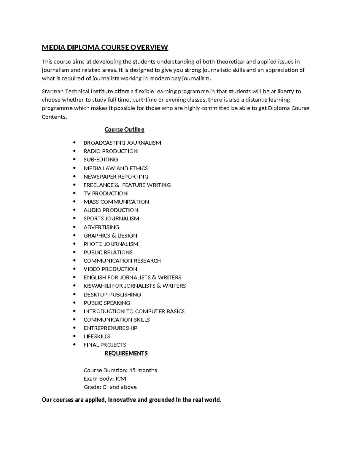 Media Diploma Course Overview - MEDIA DIPLOMA COURSE OVERVIEW This ...