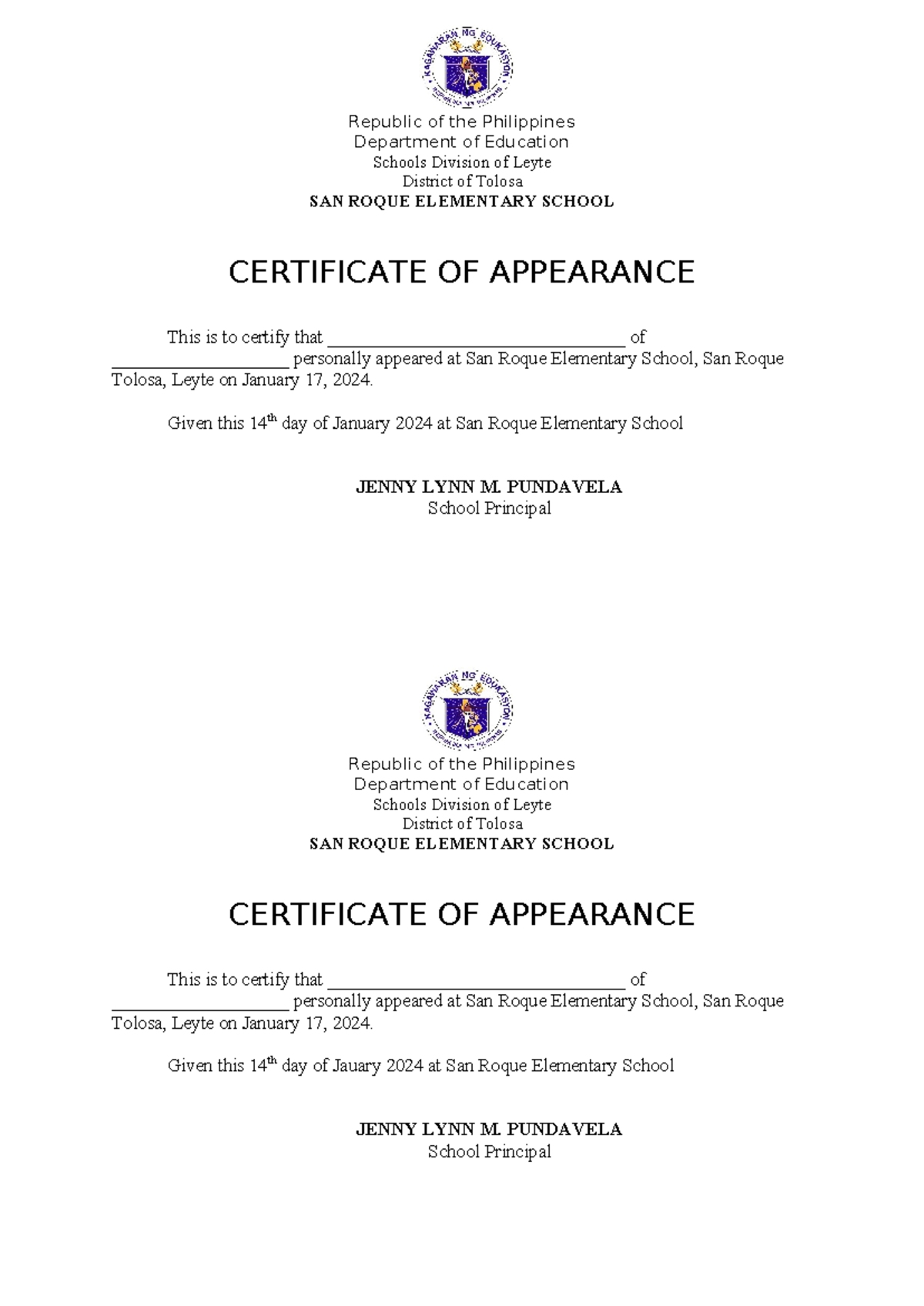 certificate of appearance when there is a visitor in your school ...