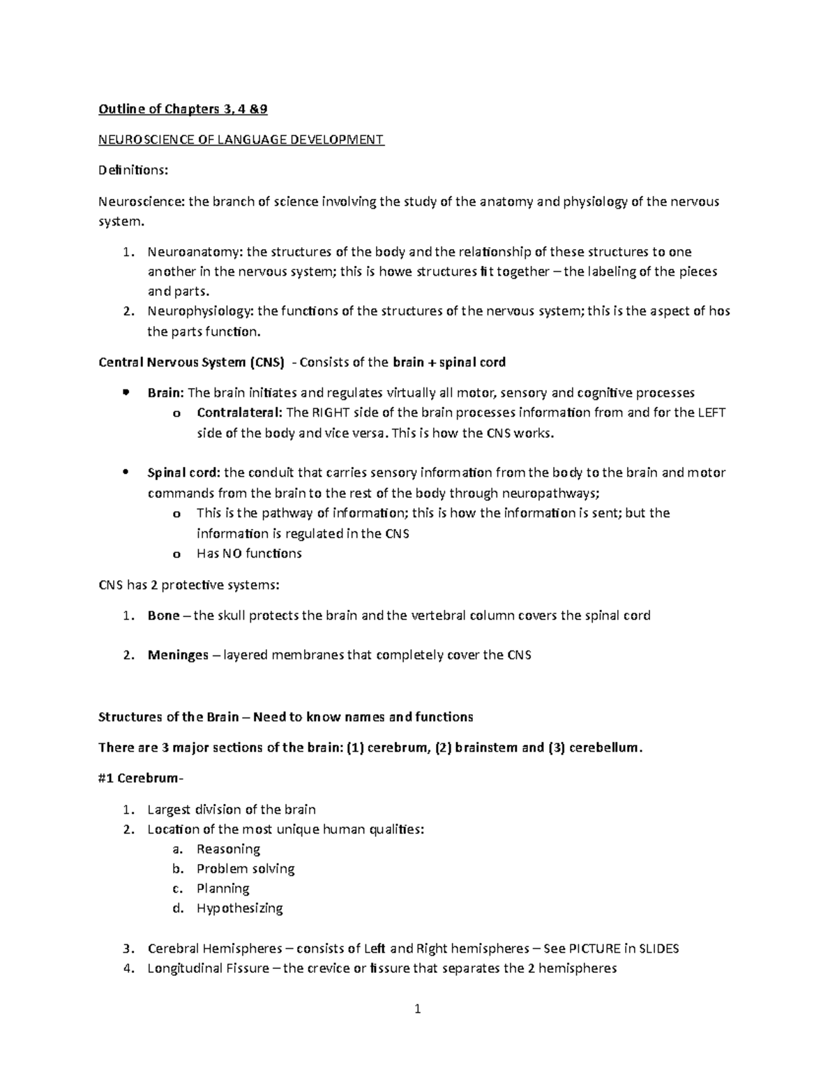 Outline of Chapters 3,4,9 - Outline of Chapters 3, 4 & NEUROSCIENCE OF ...