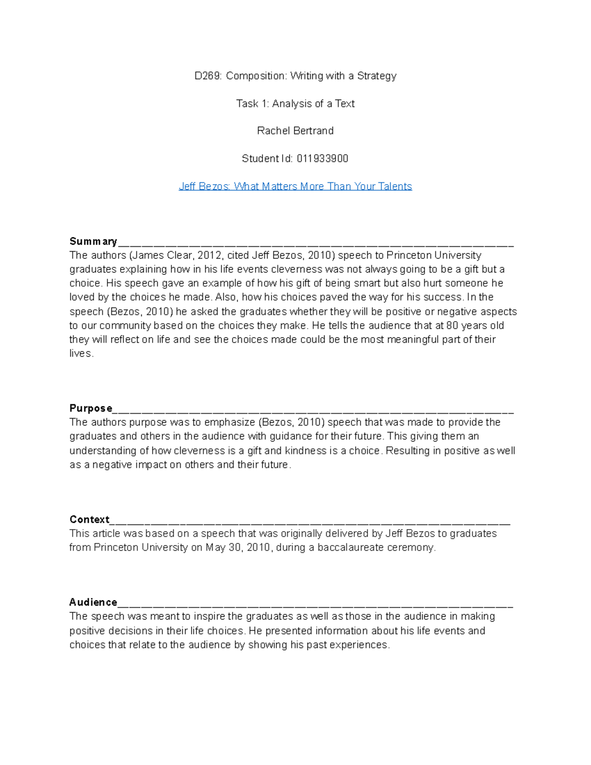 D269 Composition Writing with a Strategy Task 1 - His speech gave an ...