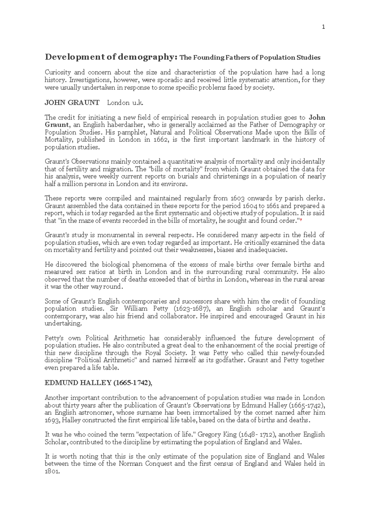 Sem 1 notes 1 - Development of demography: The Founding Fathers of ...