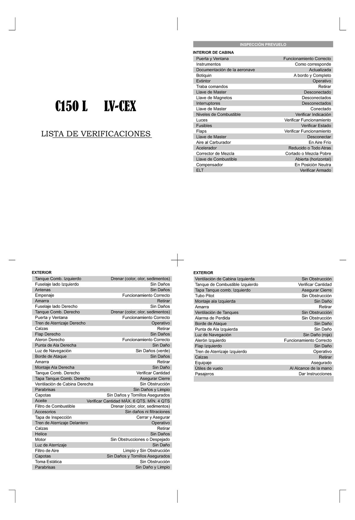 Checklist cessna 150 - C150 L LV-CEX LISTA DE VERIFICACIONES INSPECCIÓN ...