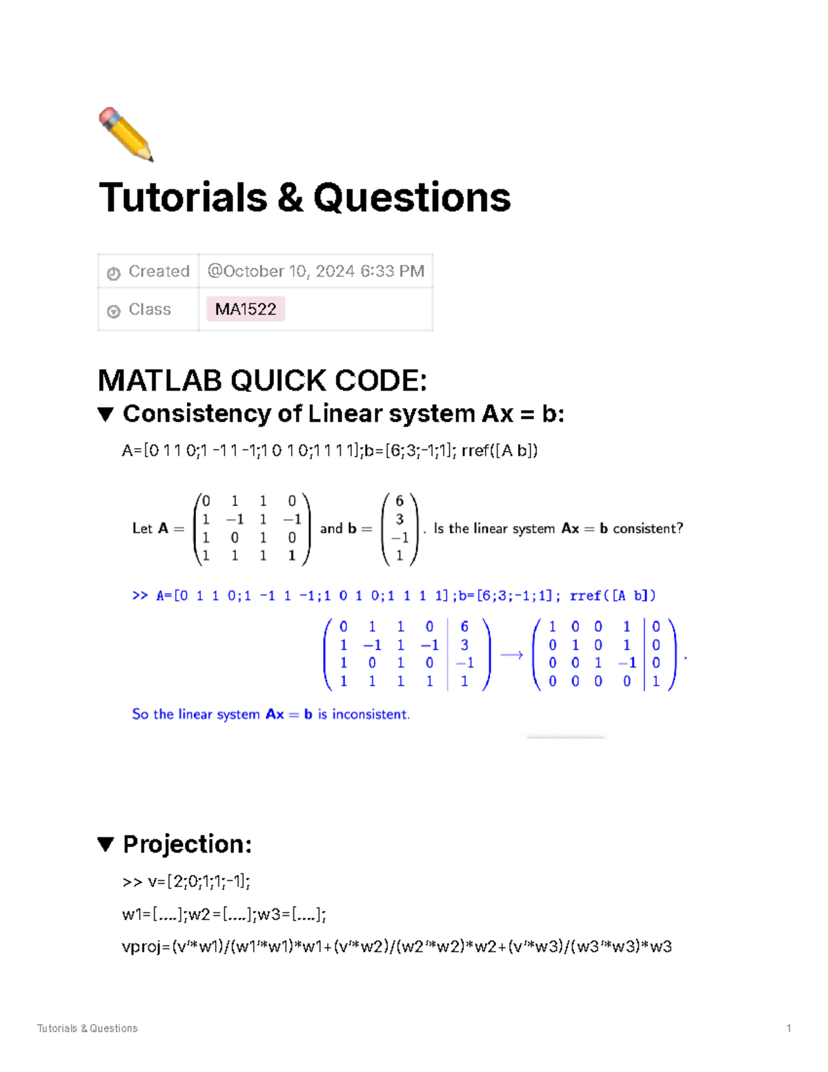 MA1522 Matlab CODE - Summary Linear Algebra for Computing - Tutorials & Questions Created - Studocu