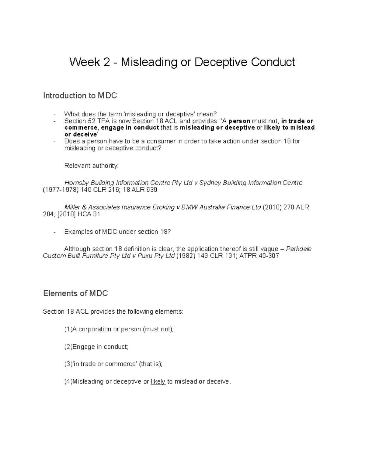 Full notes Competition & Consumer Law - Week 2 - Misleading or ...