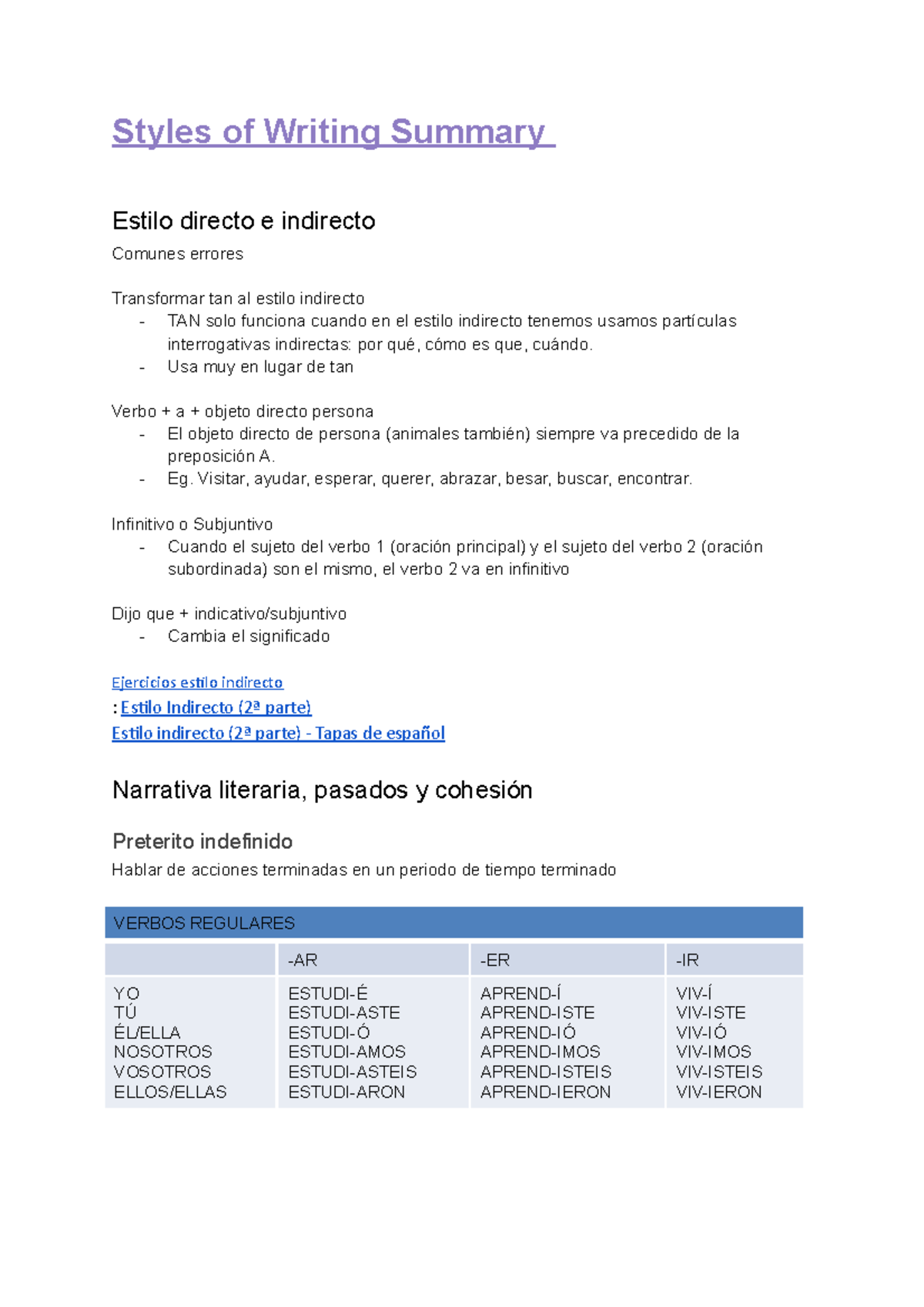 Styles of Writing Summary- Spanish - Styles of Writing Summary Estilo ...