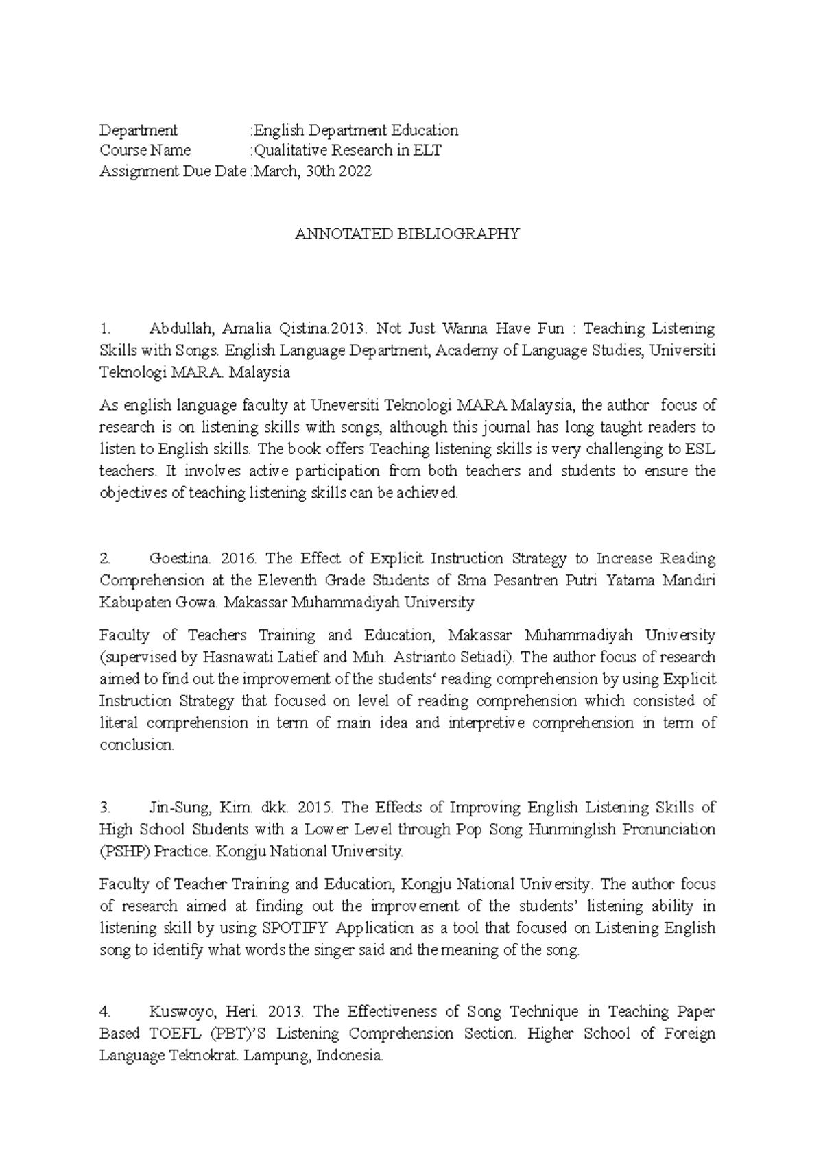 Annotated Bibliography QR - Department :English Department Education ...