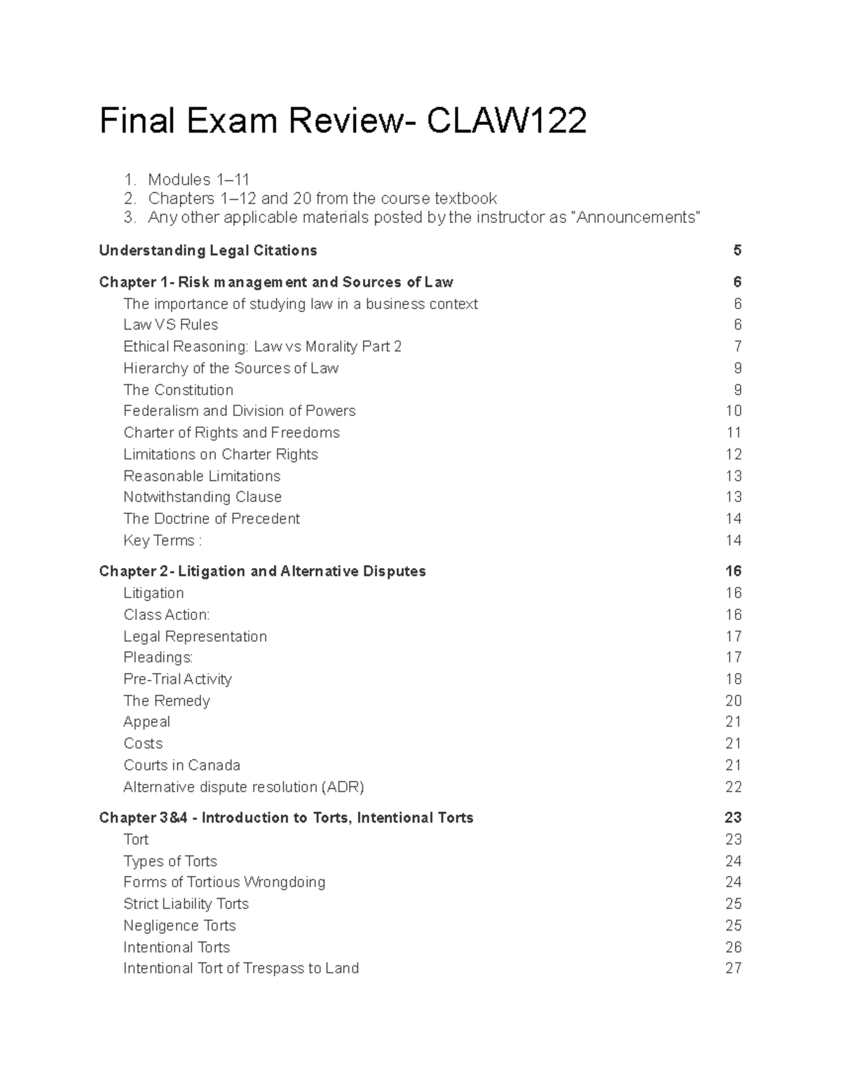 Final Exam Review CLAW122 - 2. Chapters 1–12 and 20 from the course ...