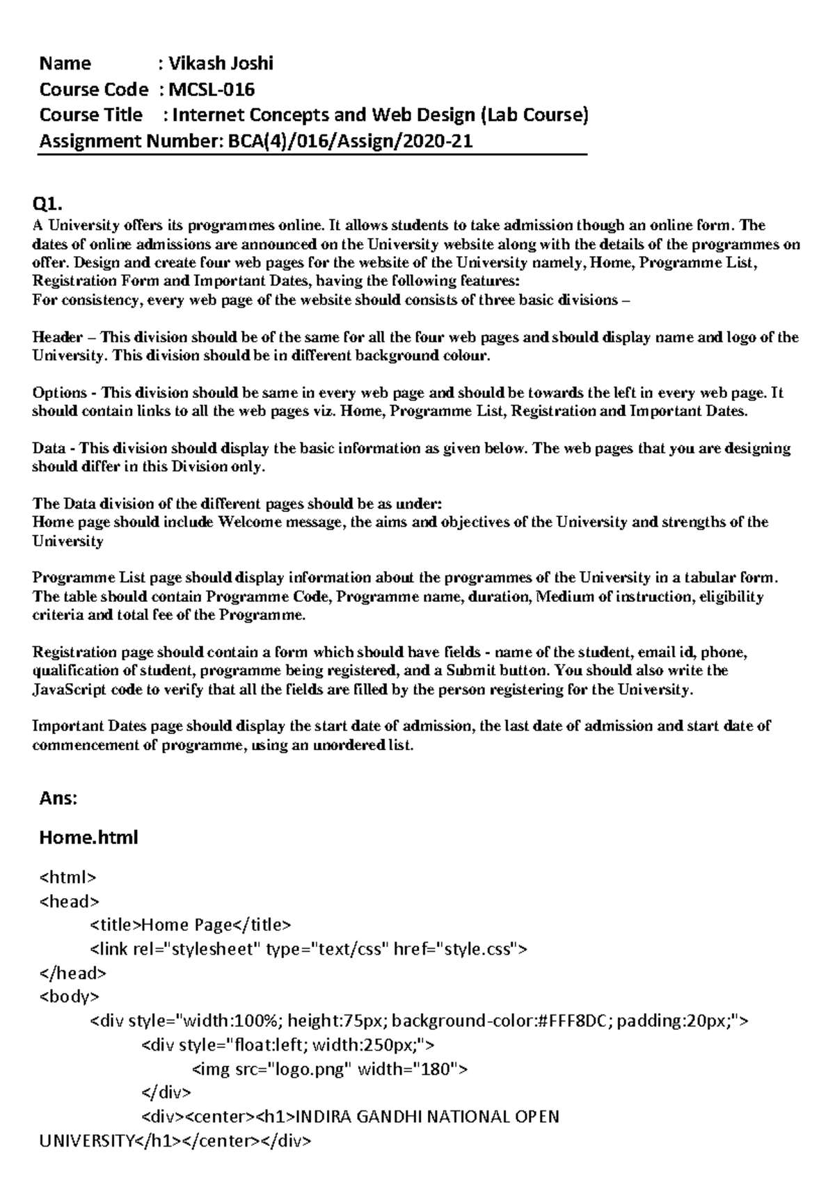 MCSL-016 2020-21 - SOLVED ASSIGNMENT - Course Code : MCSL- 016 Course Title : Internet Concepts ...