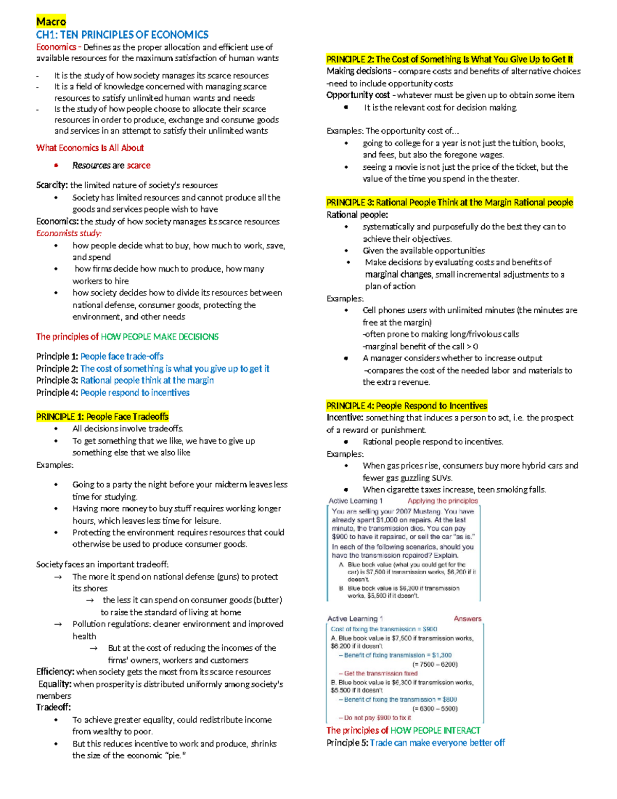 Chapter 1 - notes - Macro CH1: TEN PRINCIPLES OF ECONOMICS Economics ...