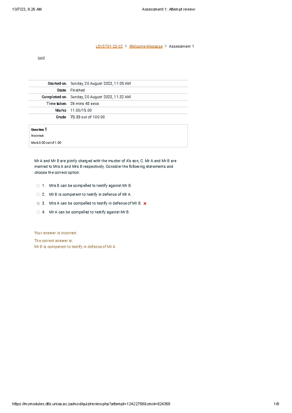Assessment 1 Attempt 2 review - LEV3701-23-S2 Welcome Message ...