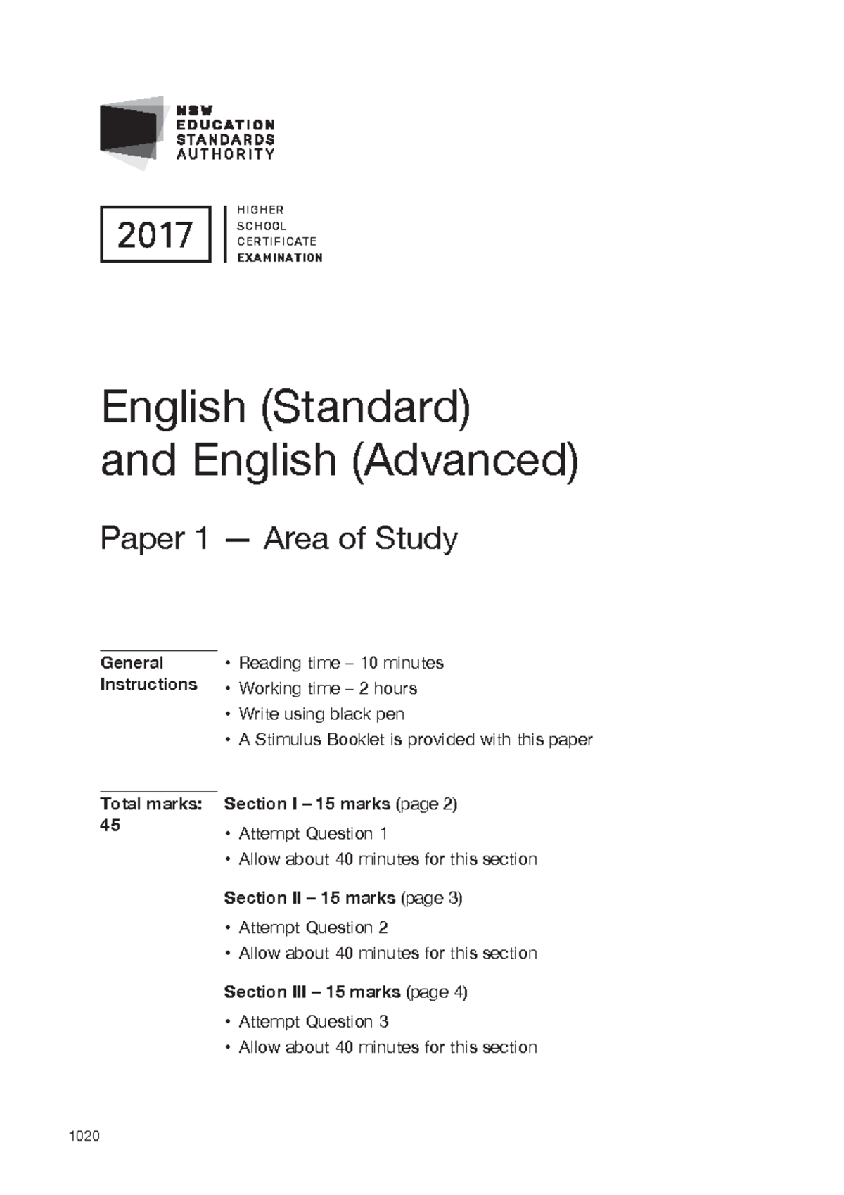 2017 hsc english p1 std and adv - 2017 HIGHER S CHO OL CER T IFICAT E ...