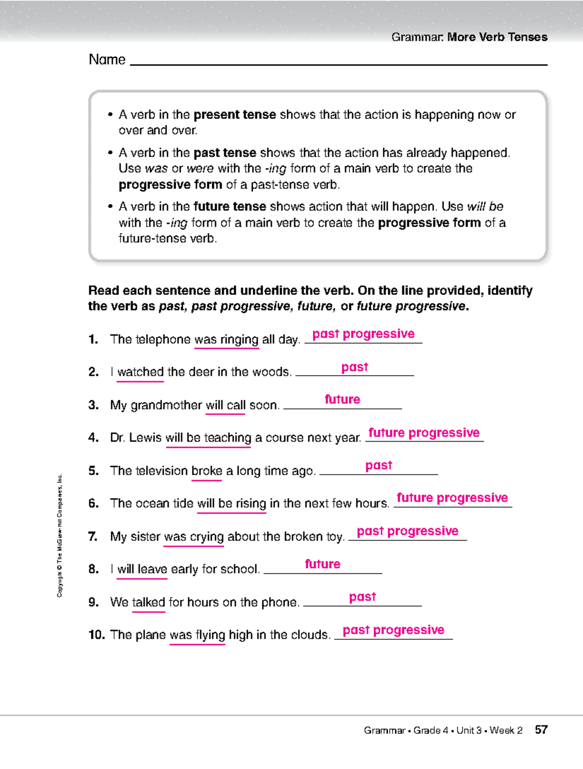 Gr 4 grammar pk 2 answer key - Name Grammar: More Verb Tenses Read each ...
