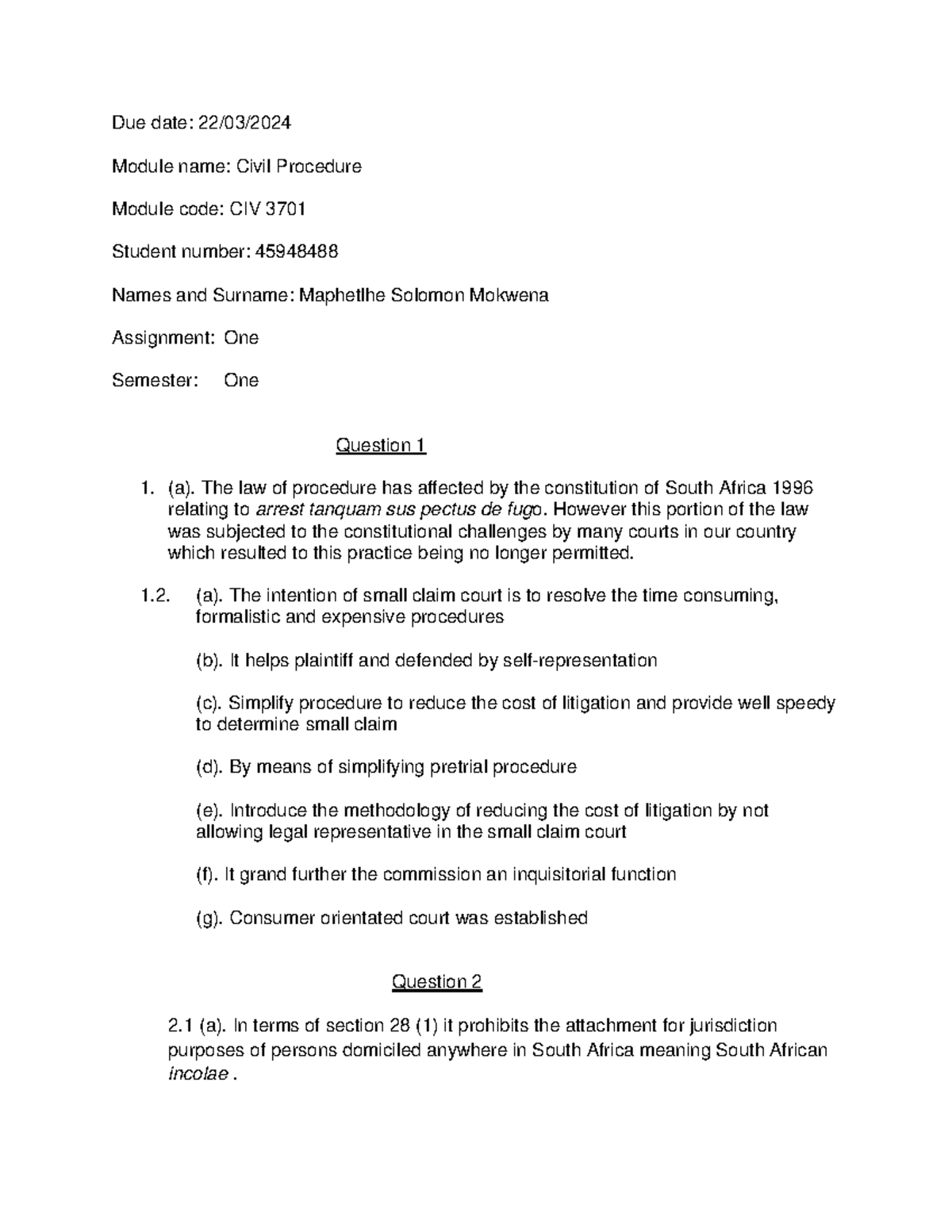 CIV 3701 Assignment 1 - Due date: 22/03/ Module name: Civil Procedure Module code: CIV 3701 ...