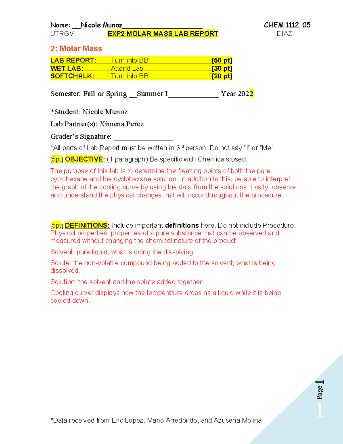 CHEM 1112 - Experiment 2 - Page 1 1 UTRGV EXP2 MOLAR MASS LAB REPORT DIAZ 2: Molar Mass LAB ...