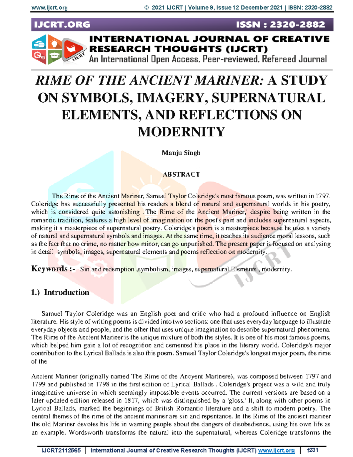 Ijcrt 2112565 - Notes - RIME OF THE ANCIENT MARINER: A STUDY ON SYMBOLS ...