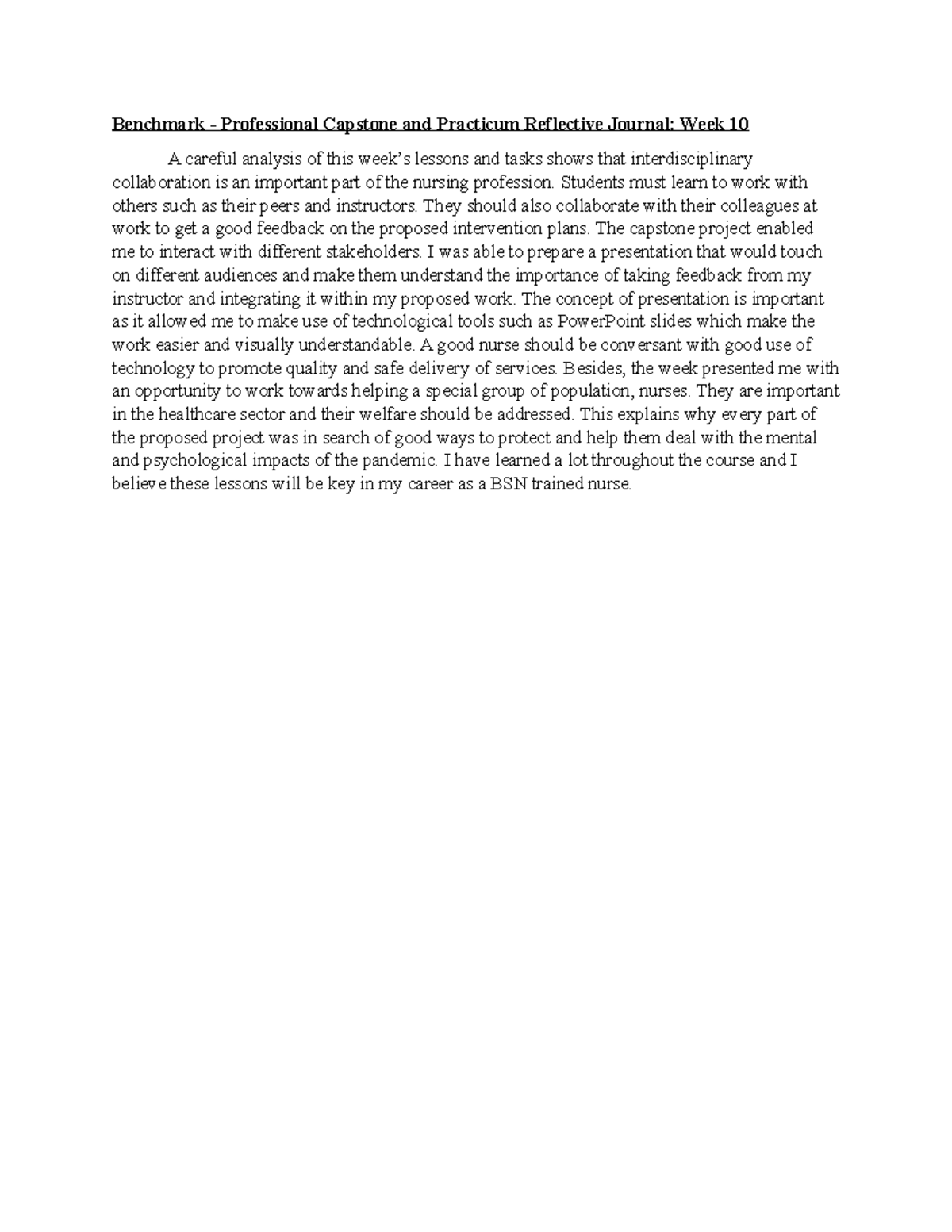 Benchmark reflection 10 - Benchmark - Professional Capstone and ...