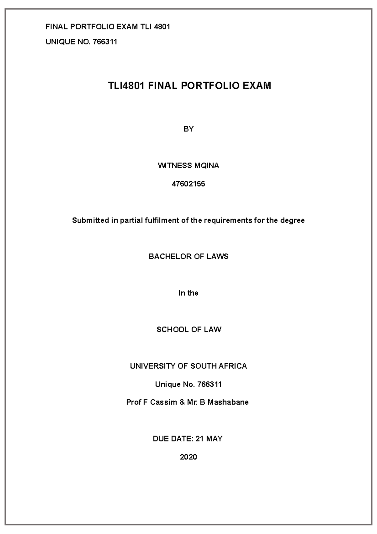 TLI4801 Final Portfolio EXAM - FINAL PORTFOLIO EXAM TLI 4801 UNIQUE NO ...
