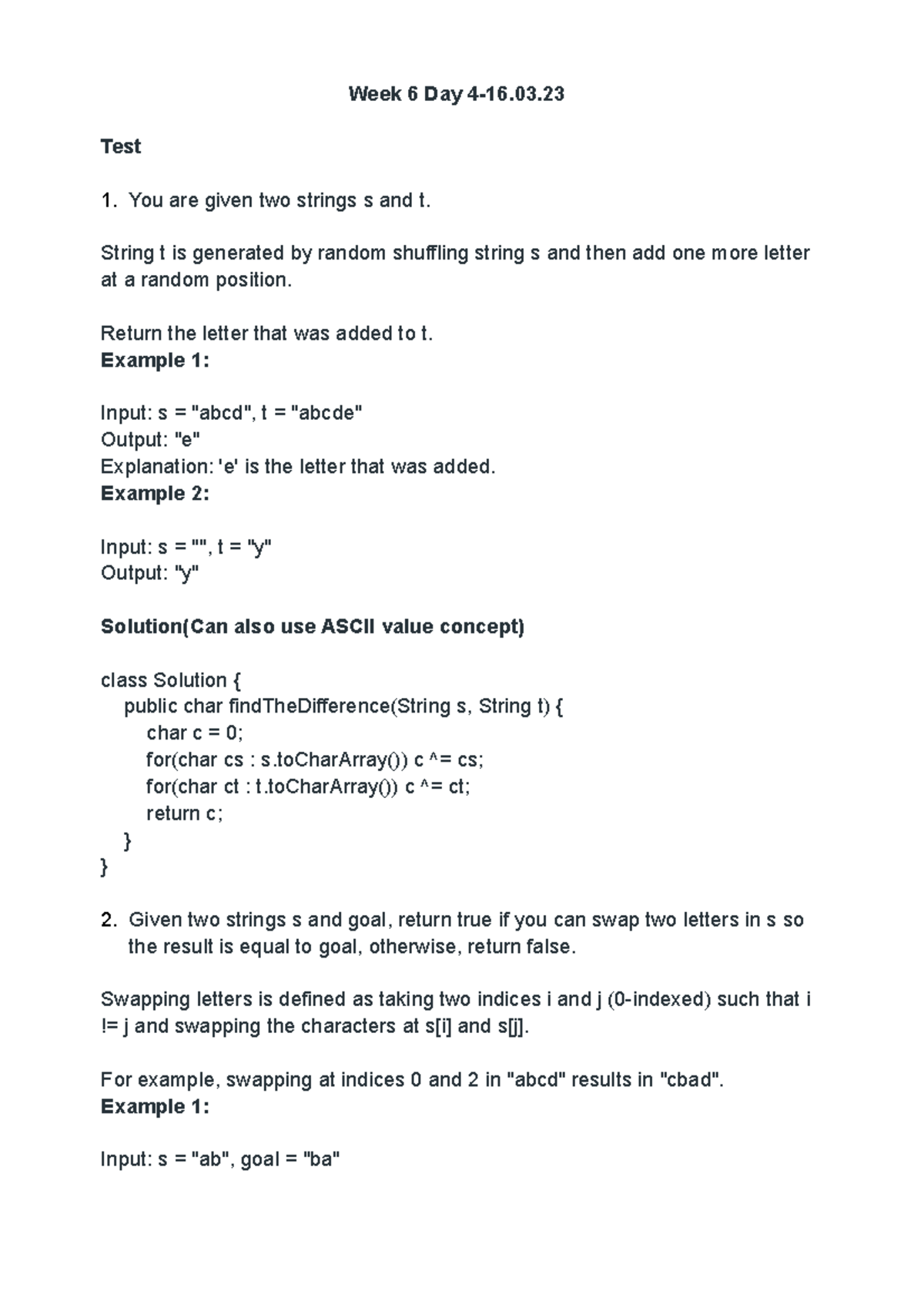 Training Questions - Week 6 Day 4-16. Test 1. You are given two strings ...