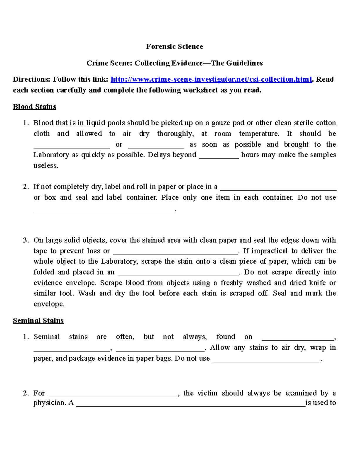 Collecting evidence guidelines worksheet - Forensic Science Crime Scene ...