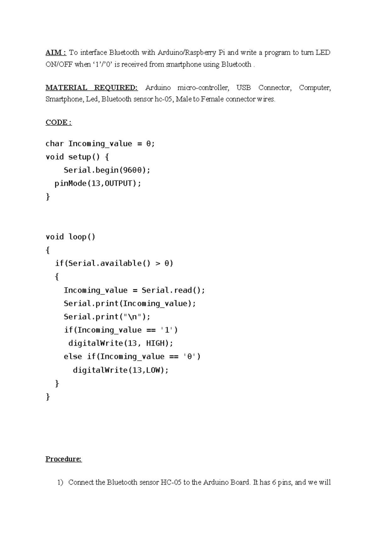LED Blink using Bluetooth - AIM : To interface Bluetooth with Arduino/Raspberry Pi and write a ...