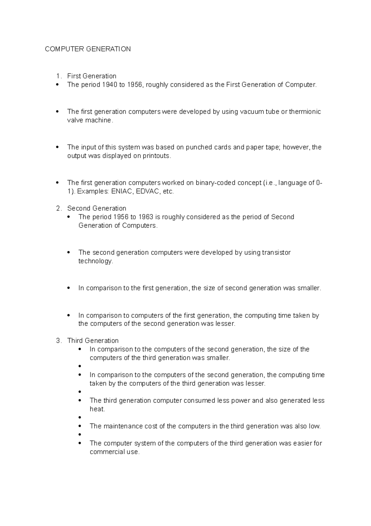 Computer generations - imd222 - COMPUTER GENERATION First Generation ...