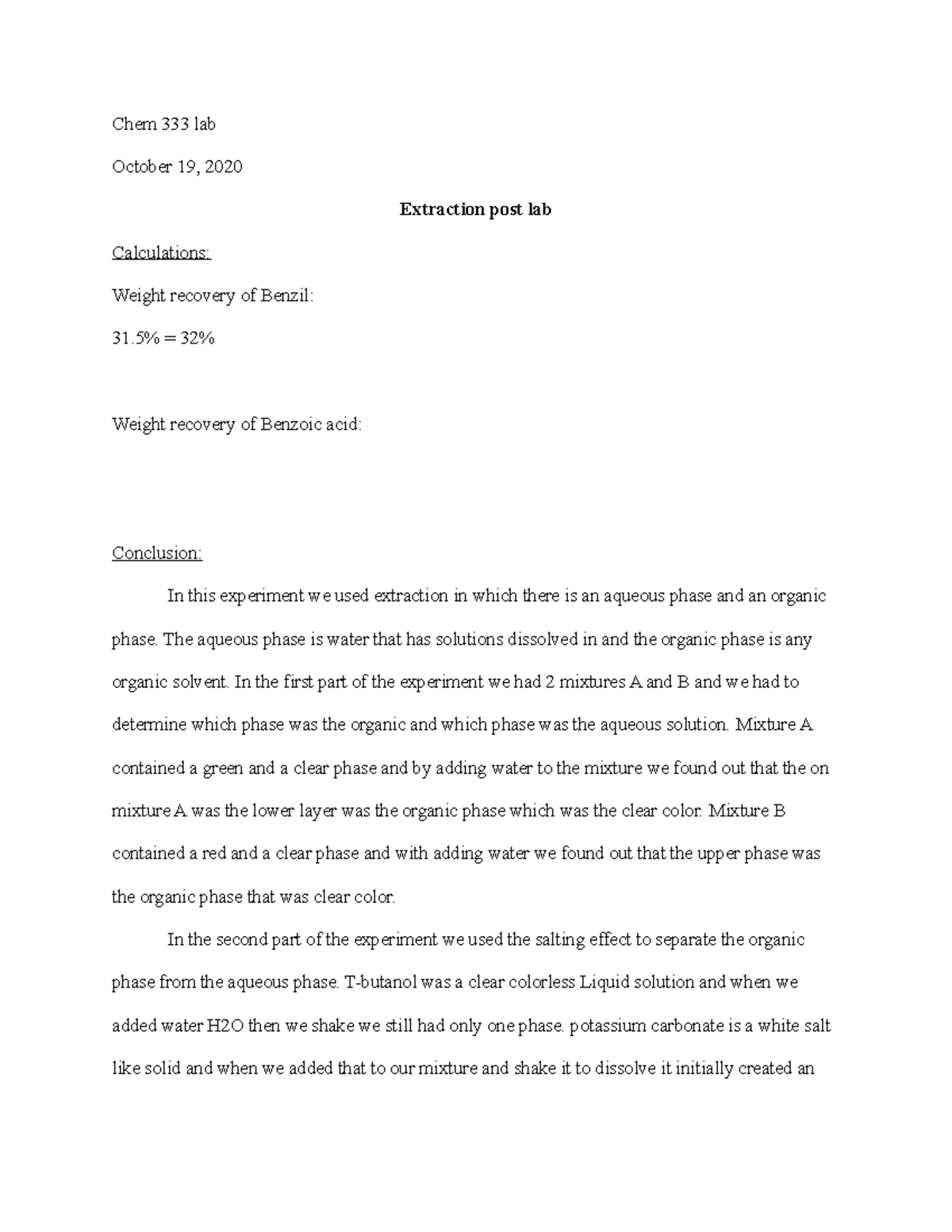 Extraction postlab - Chem 333 lab October 19, 2020 Extraction post lab ...