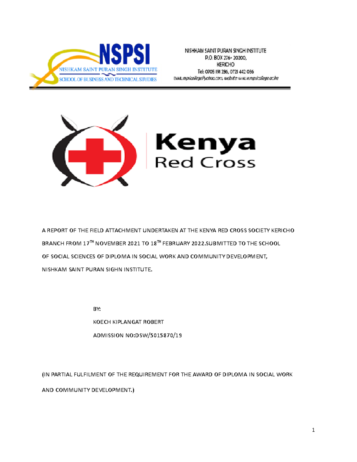 A Report OF THE Field Attachment Undertaken AT THE Kenya RED Cross ...