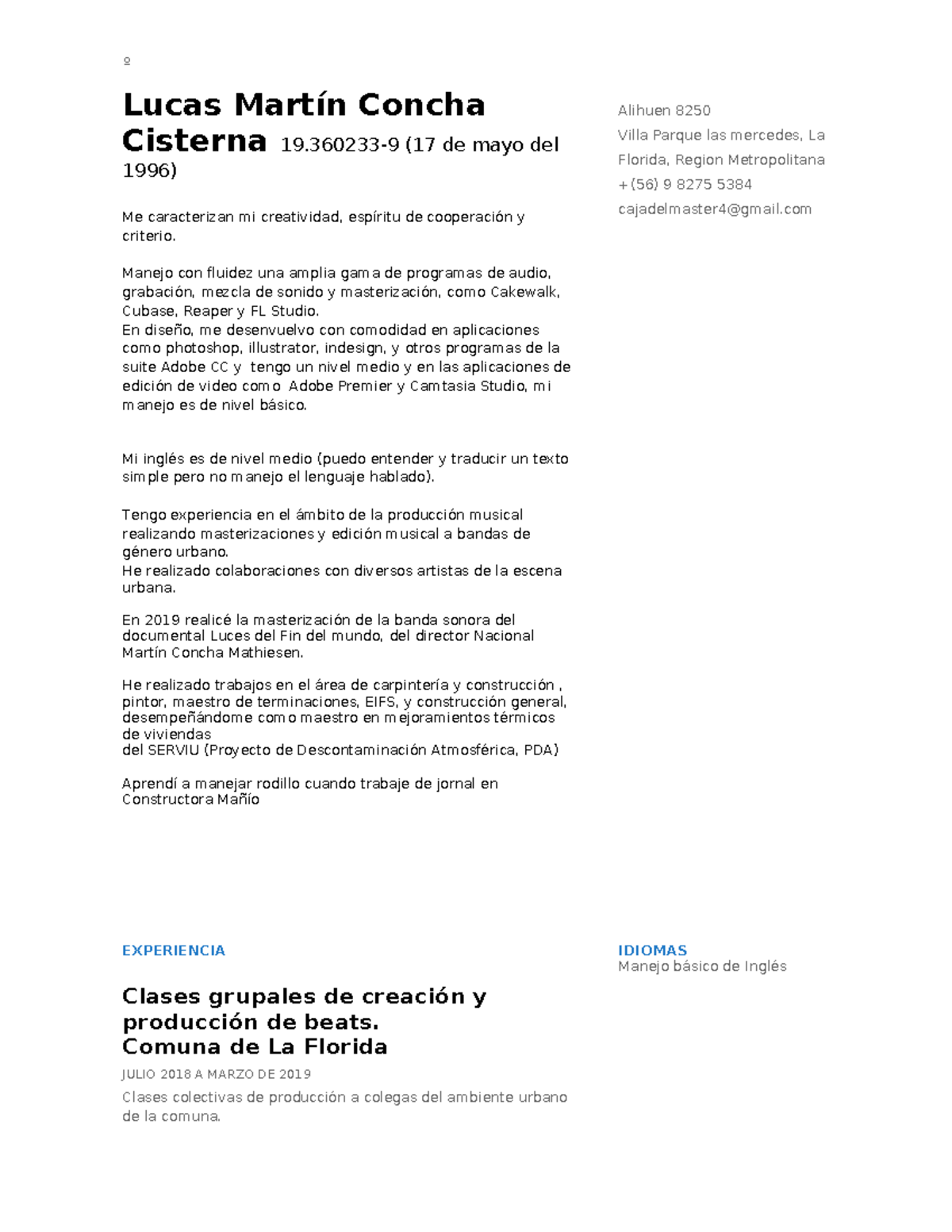 Currículum Vitaeee - adasdasd asd - º Lucas Martín Concha Cisterna 19-9 ...