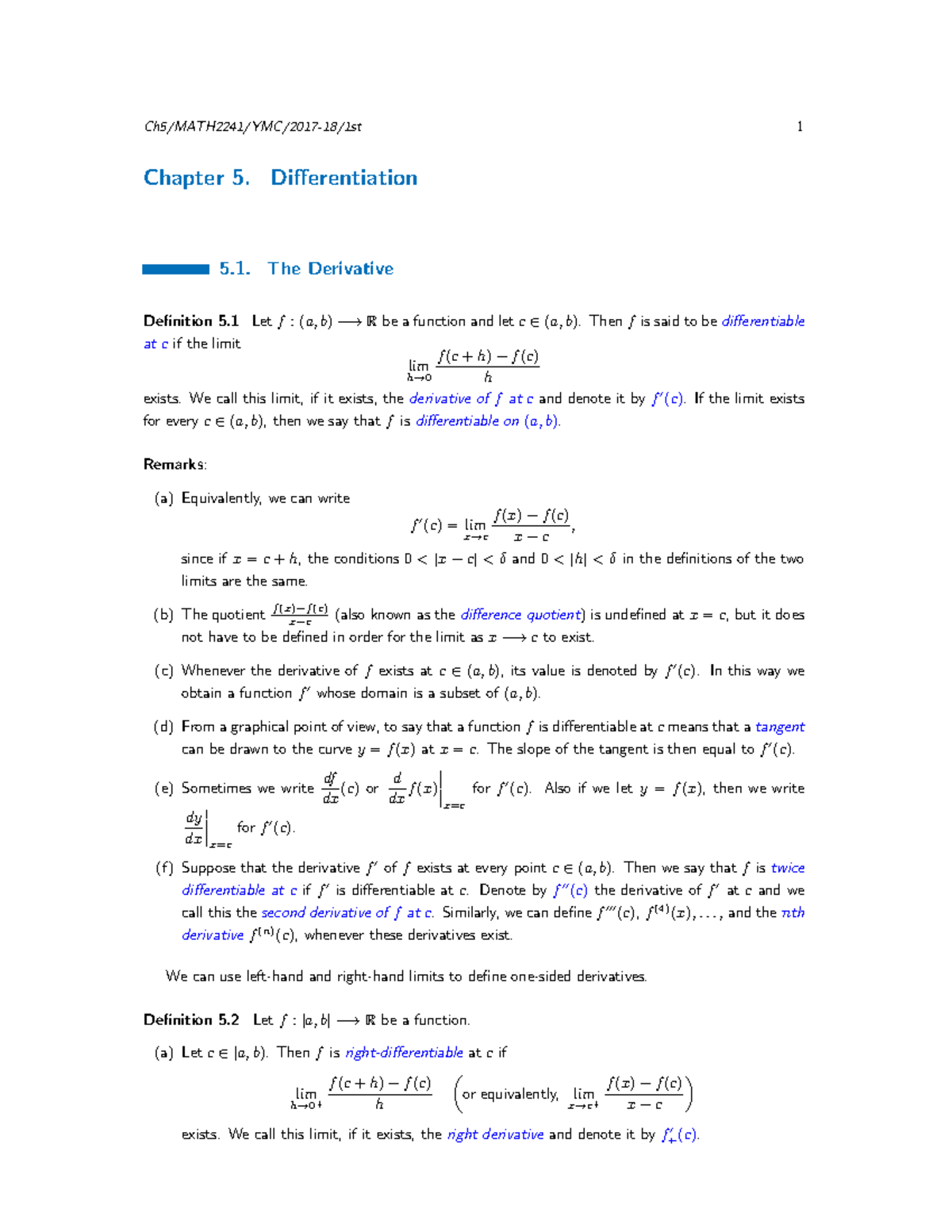 Chapter 5(2241)(17-18 First) - 1 Ch5/MATH2241/YMC/2017-18/1st Chapter 5. Differentiation 5. The ...