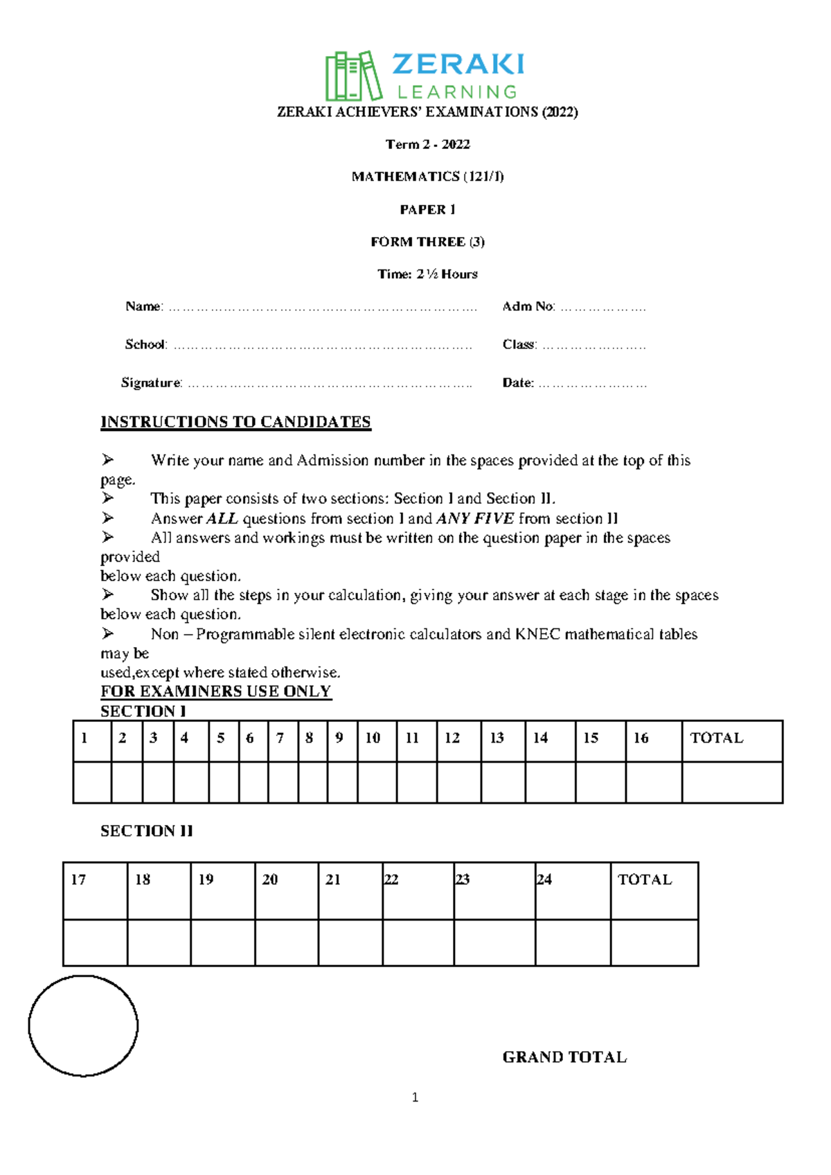 Mathematics - Mathematics Form 3 Paper 1 - Question Paper - ZERAKI ...