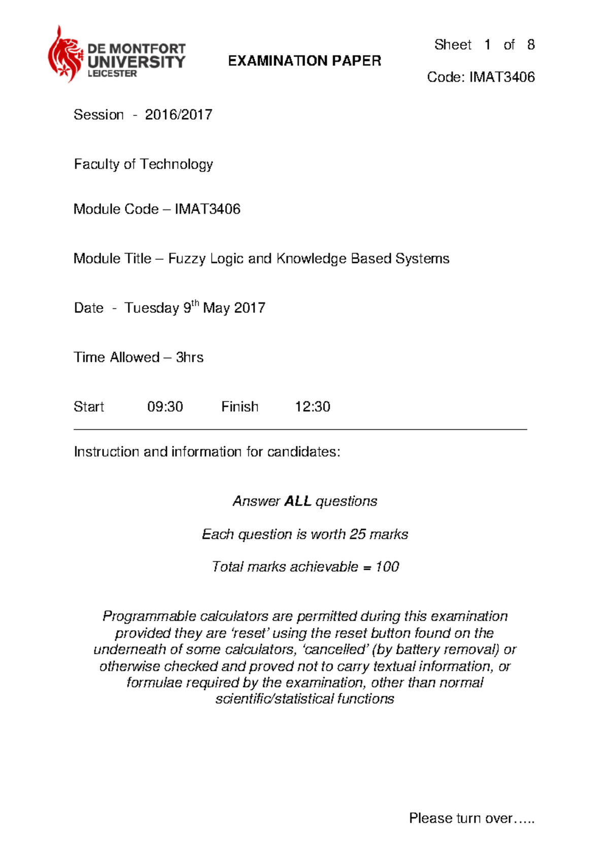IMAT3406 2017 Exam - Sheet 1 of 8 EXAMINATION PAPER Code: IMAT Session ...