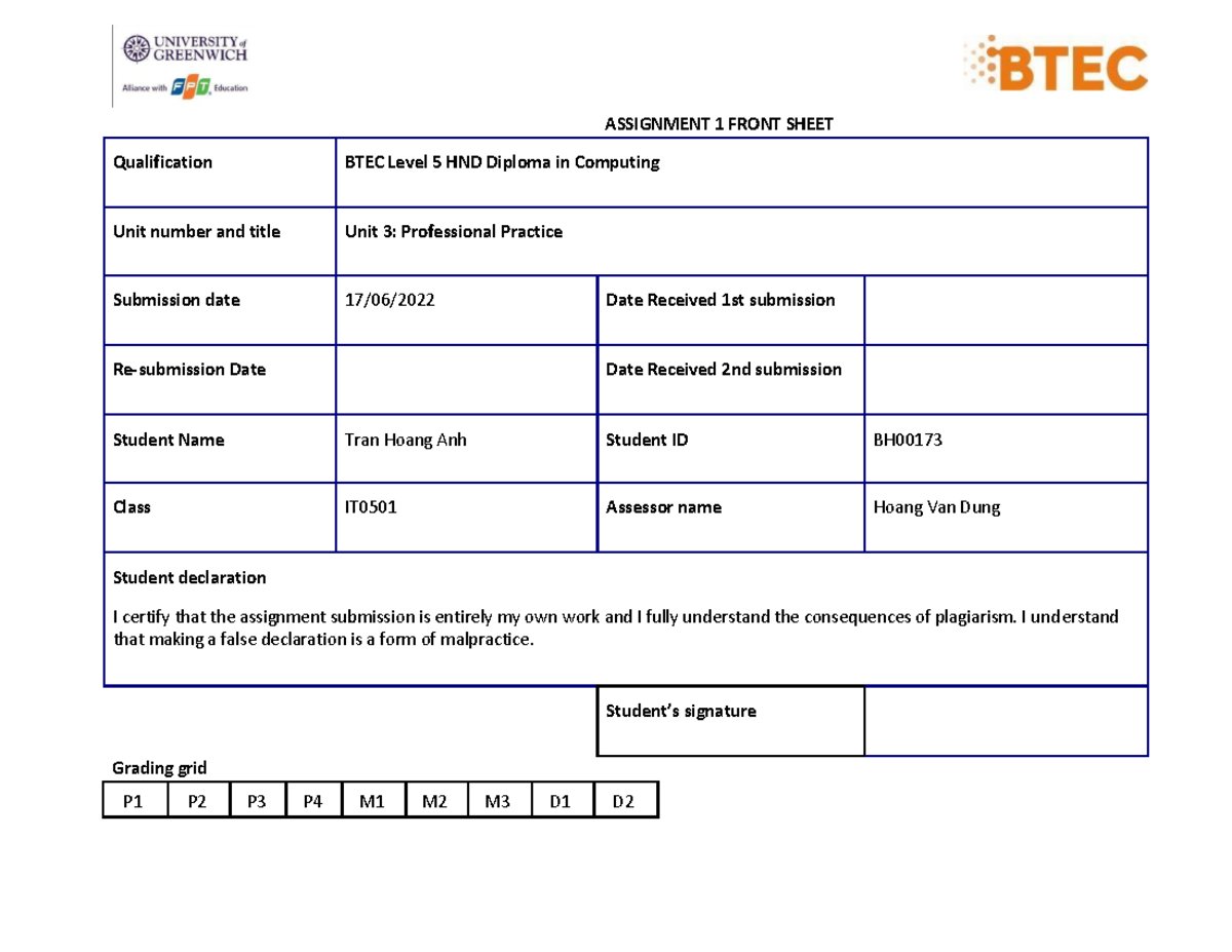 RQF update Assignment Front Sheet 2020 PP 1 - ASSIGNMENT 1 FRONT SHEET Qualification BTEC Level ...