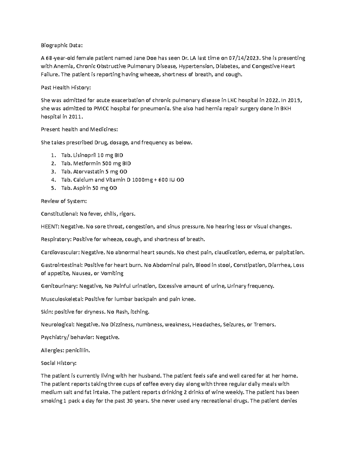 Health History Summary - Biographic Data: A 68-year-old female patient ...