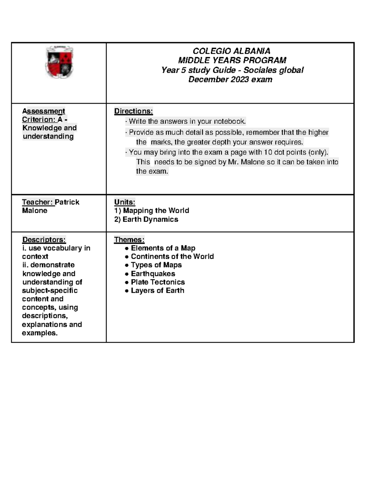 5° Sociales Global - COLEGIO ALBANIA MIDDLE YEARS PROGRAM Year 5 study ...