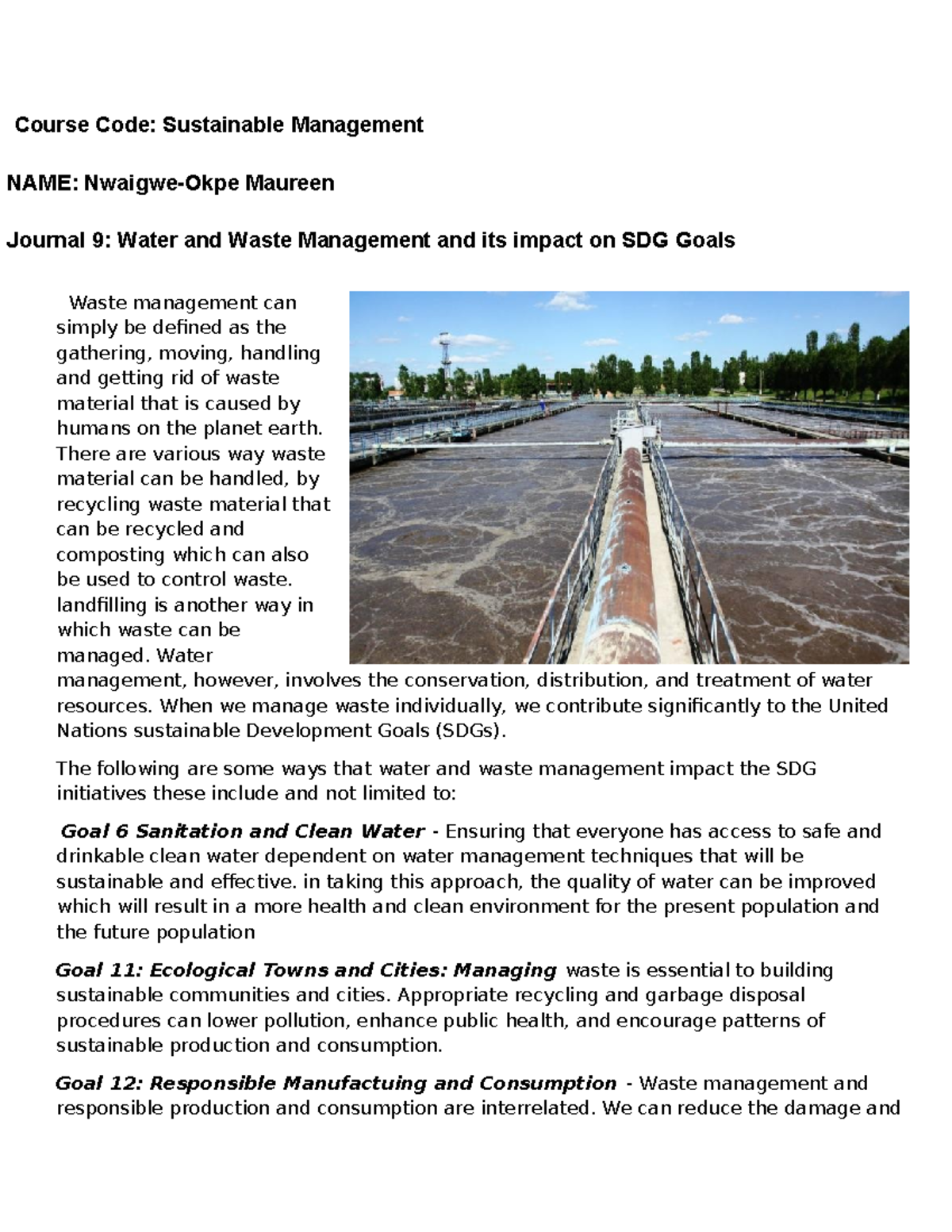 Waste management refers to the collection - Course Code: Sustainable ...