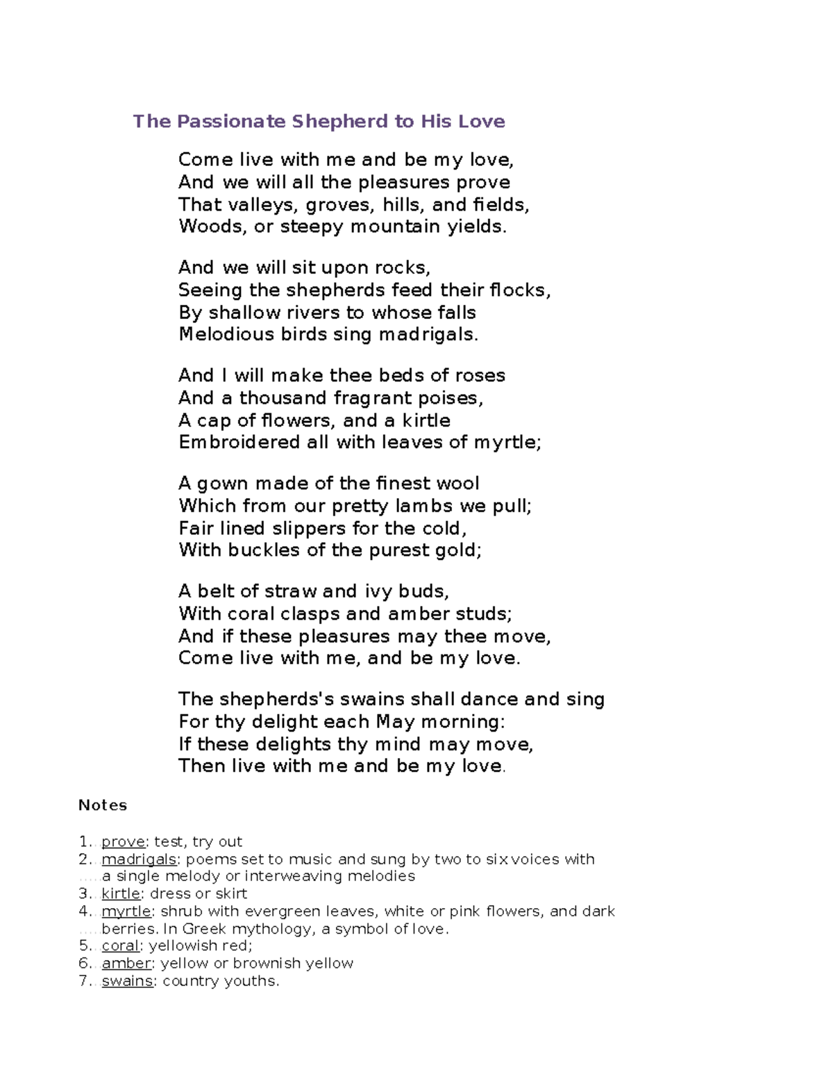 The Passionate Shepherd to his Love - And we will sit upon rocks ...