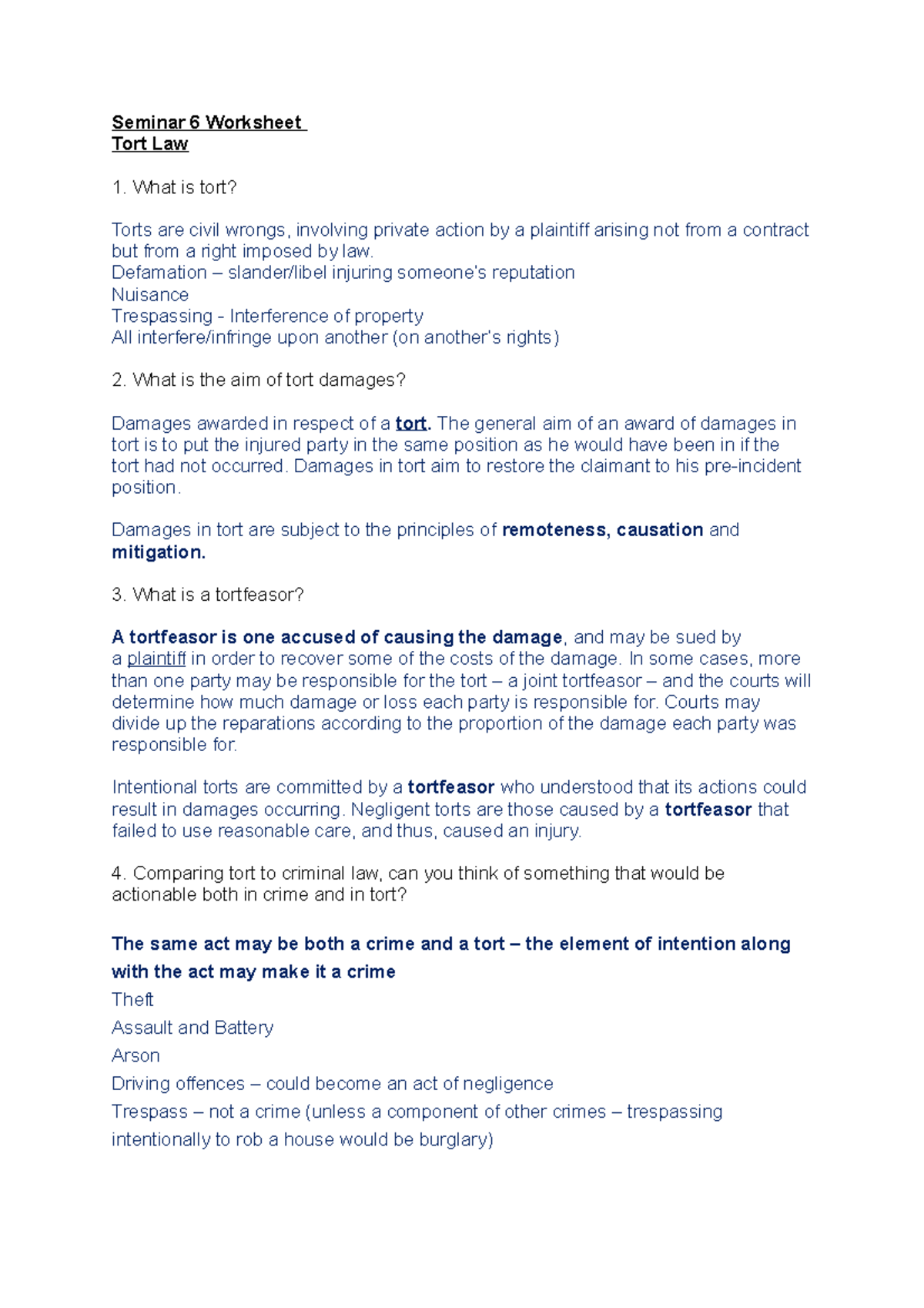 Seminar 6 Worksheet - Seminar 6 Worksheet Tort Law What is tort? Torts ...
