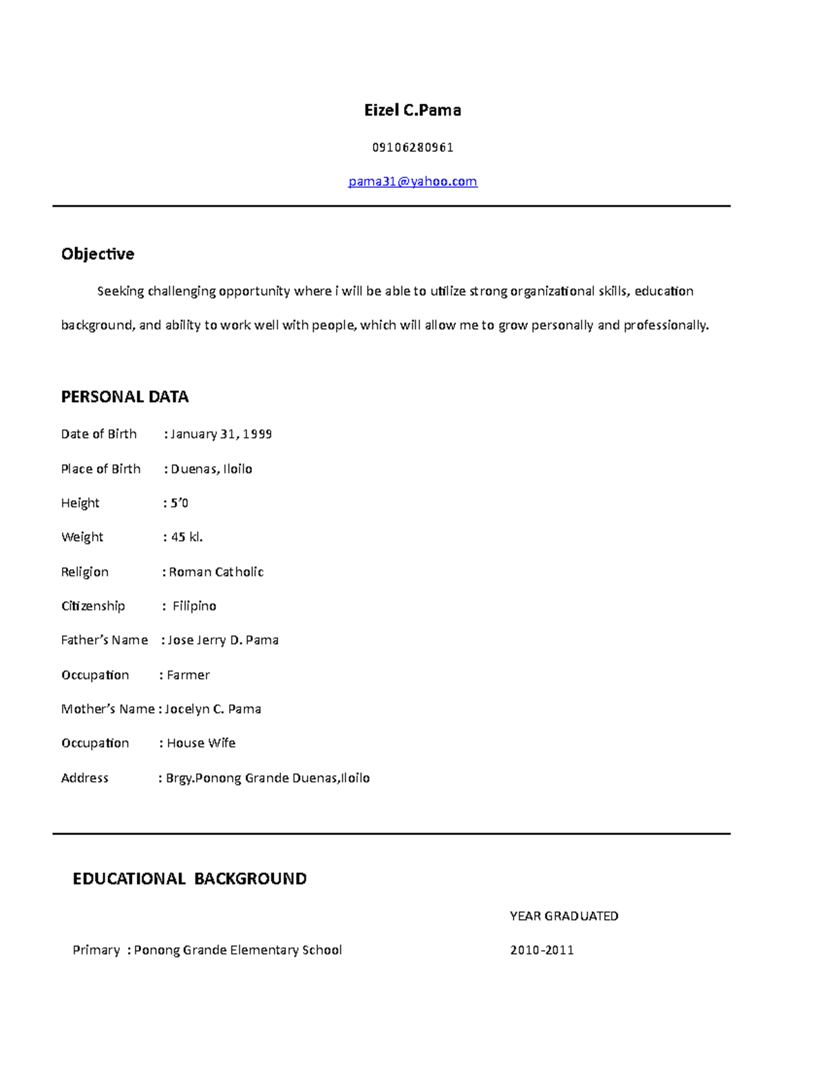 Eizel-C - Learning - Eizel C 09106280961 pama31@yahoo Objective Seeking ...