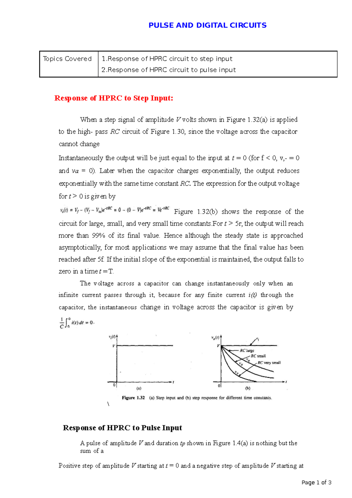 Response of HPRC circuit to step input - PULSE AND DIGITAL CIRCUITS ...