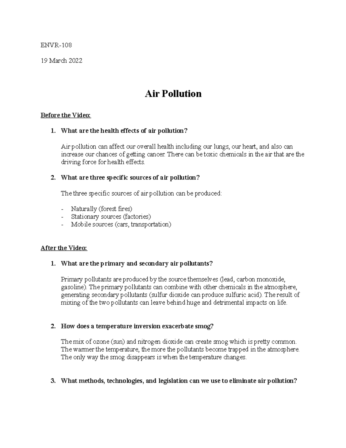 Air Pollution - ENVR- 19 March 2022 Air Pollution Before the Video: 1 ...