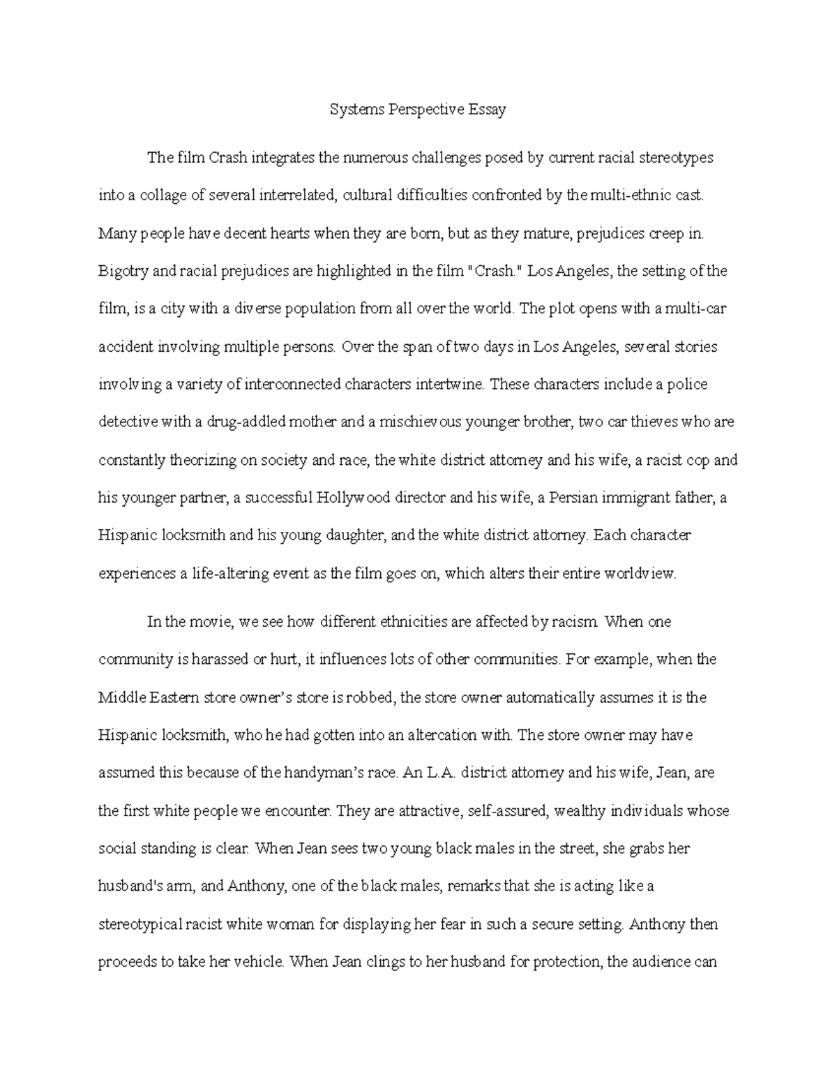 Systems Perspective Essay 1 - Systems Perspective Essay The film Crash ...